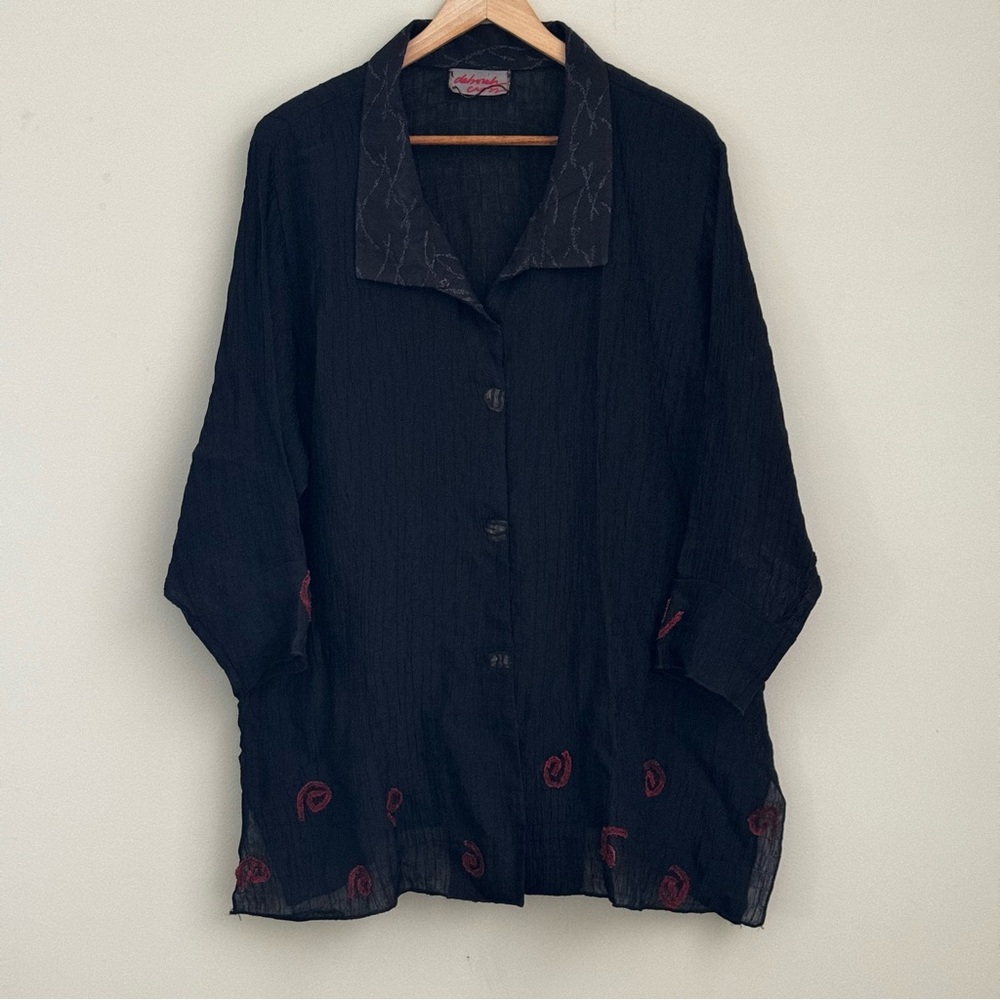 Deborah Cross Black Art To Wear Sheer 3/4 Sleeve Snap… - Gem